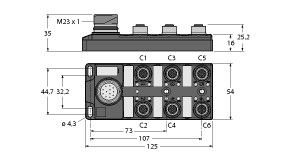 Passive actuator/sensor junction box, M12 x 1 - 6-port, with male M23 ...